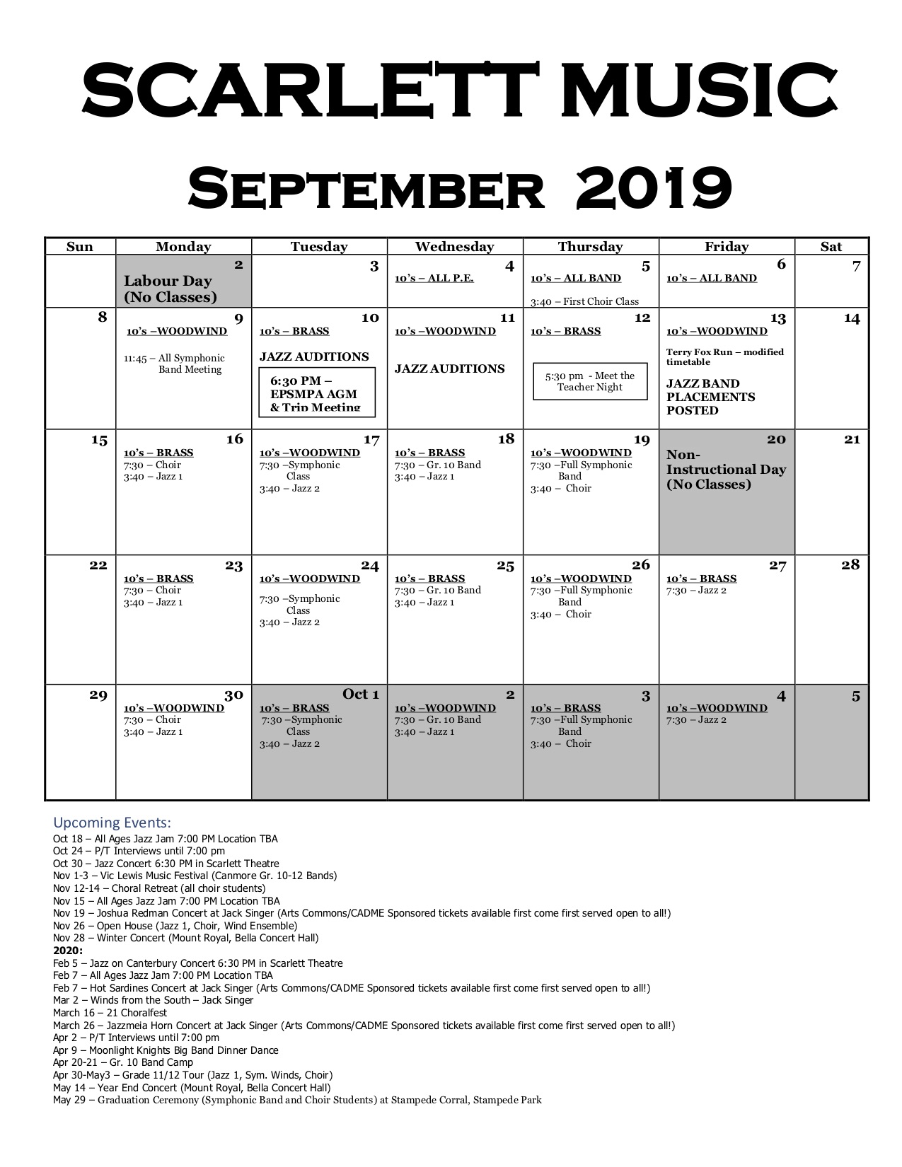 Monthly Calendar – Dr. E.P. Scarlett Music