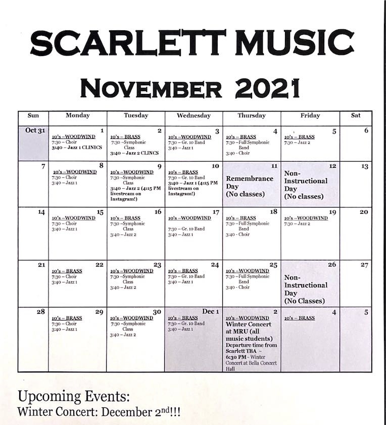 Monthly Calendar – Dr. E.P. Scarlett Music