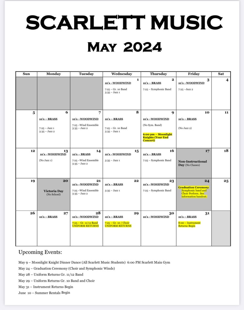 Monthly Calendar – Dr. E.P. Scarlett Music